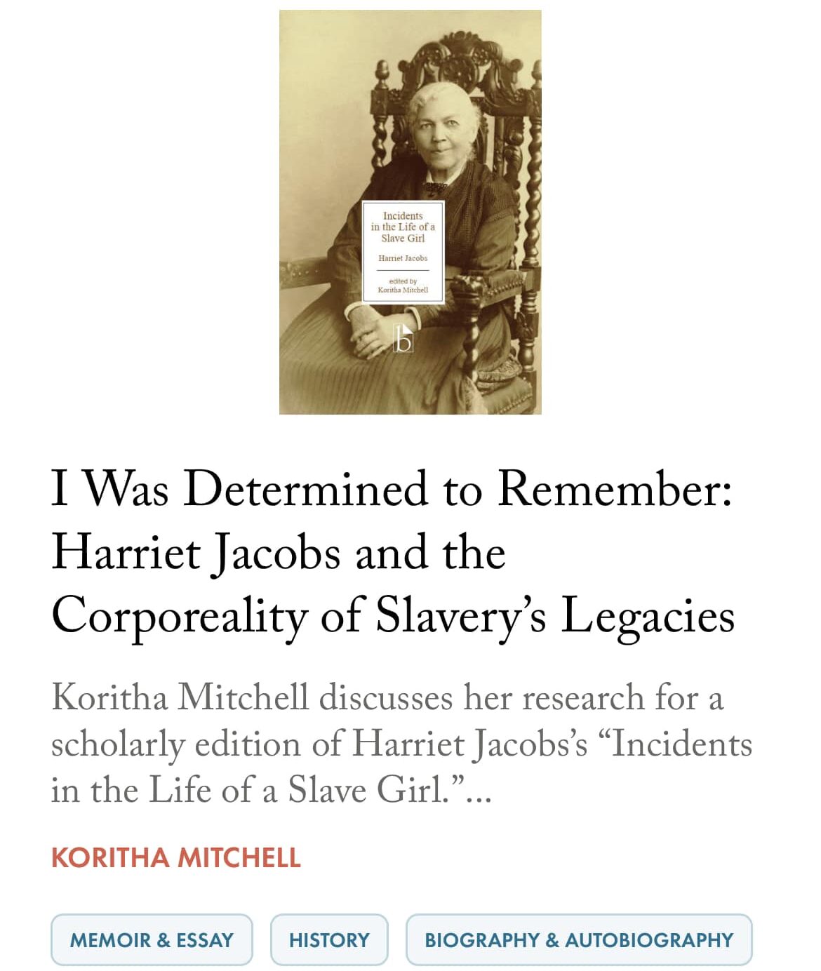 On Visiting Harriet Jacobs’s Birthplace - Koritha Mitchell